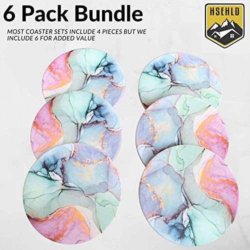 HSEHLD Marble Coasters for Drinks, Geode Coasters, Agate Coaster Large Absorbent, Water Absorbing Coasters for Glass Table Top - Large 4 inch Size, Set of 6 (Mint Green Marble)