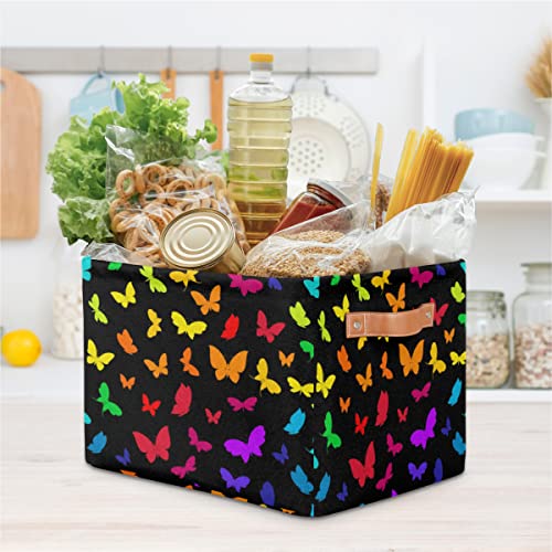 Pardick Large Collapsible Storage Bins ,Butterfly Rainbow Decorative Canvas Fabric Storage Boxes Organizer with Handles,Rectangular Baskets Bin for Home Shelves Closet Nursery Gifts