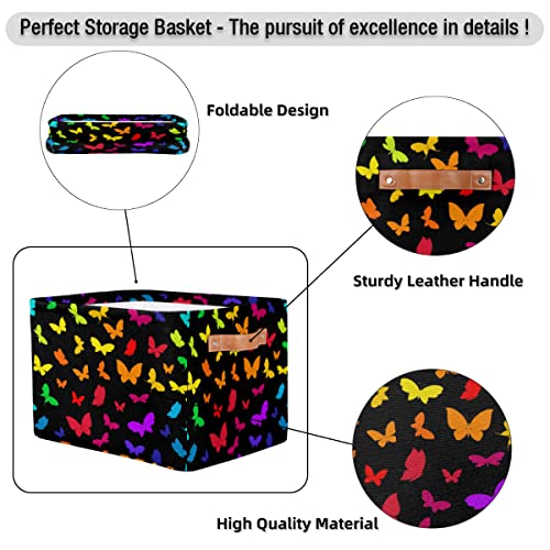 Pardick Large Collapsible Storage Bins ,Butterfly Rainbow Decorative Canvas Fabric Storage Boxes Organizer with Handles,Rectangular Baskets Bin for Home Shelves Closet Nursery Gifts