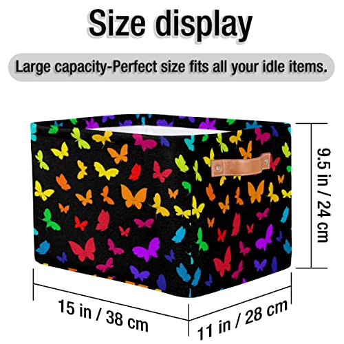 Pardick Large Collapsible Storage Bins ,Butterfly Rainbow Decorative Canvas Fabric Storage Boxes Organizer with Handles,Rectangular Baskets Bin for Home Shelves Closet Nursery Gifts