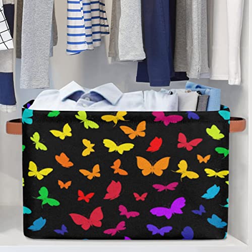 Pardick Large Collapsible Storage Bins ,Butterfly Rainbow Decorative Canvas Fabric Storage Boxes Organizer with Handles,Rectangular Baskets Bin for Home Shelves Closet Nursery Gifts