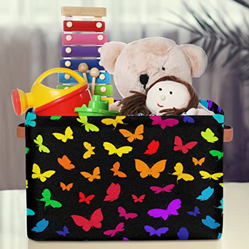 Pardick Large Collapsible Storage Bins ,Butterfly Rainbow Decorative Canvas Fabric Storage Boxes Organizer with Handles,Rectangular Baskets Bin for Home Shelves Closet Nursery Gifts