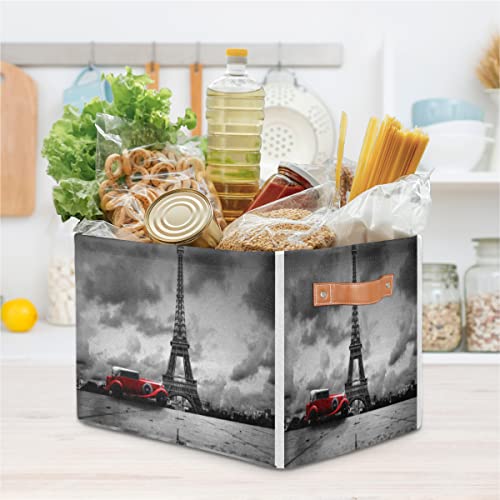 Large Collapsible Storage Bins ,Paris Eiffel Tower Car Decorative Canvas Fabric Storage Boxes Organizer with Handles,Rectangular Baskets Bin for Home Shelves Closet Nursery Gifts