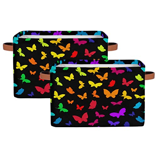 Pardick Large Collapsible Storage Bins ,Butterfly Rainbow Decorative Canvas Fabric Storage Boxes Organizer with Handles,Rectangular Baskets Bin for Home Shelves Closet Nursery Gifts