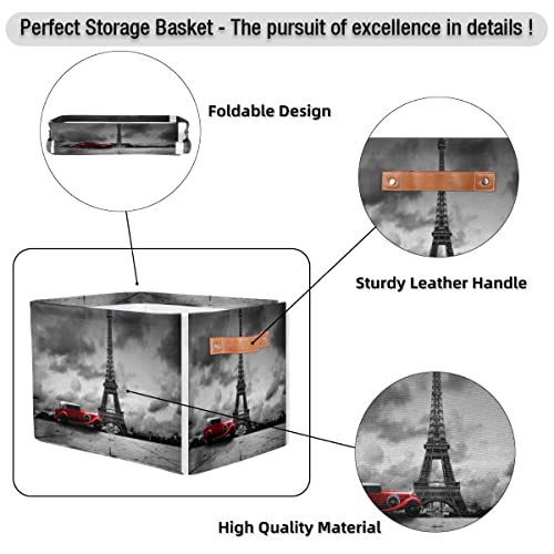 Large Collapsible Storage Bins ,Paris Eiffel Tower Car Decorative Canvas Fabric Storage Boxes Organizer with Handles,Rectangular Baskets Bin for Home Shelves Closet Nursery Gifts
