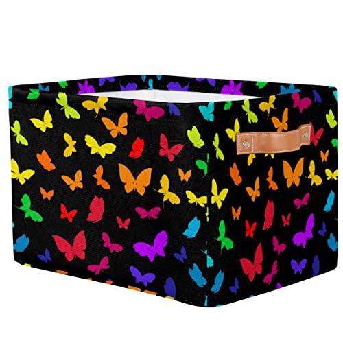 Pardick Large Collapsible Storage Bins ,Butterfly Rainbow Decorative Canvas Fabric Storage Boxes Organizer with Handles,Rectangular Baskets Bin for Home Shelves Closet Nursery Gifts