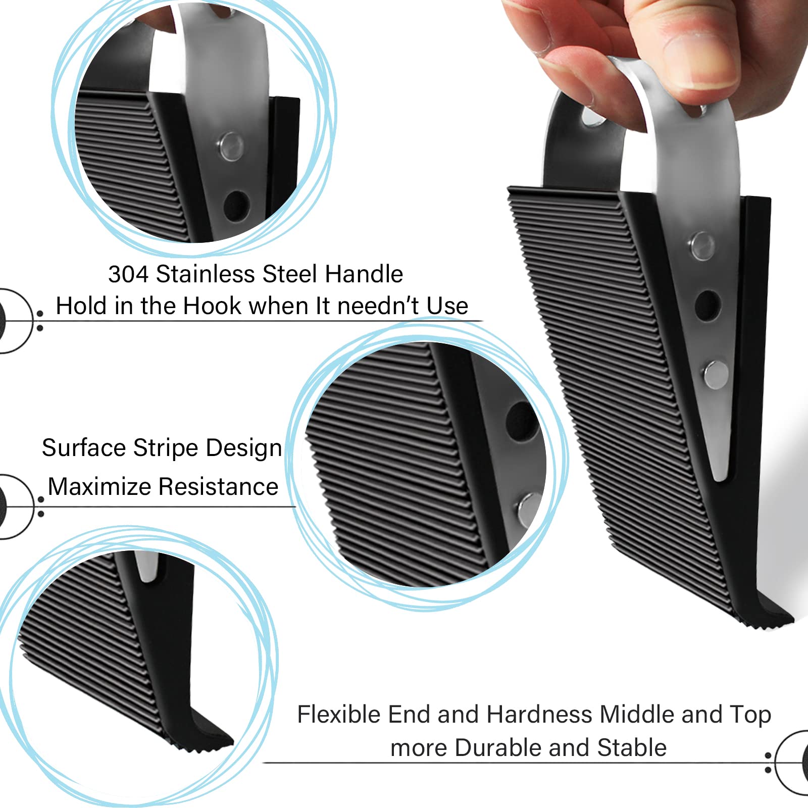 Shackcom Door Stopper, 2 Pack Black Heavy Duty Wedge That Holds Doors Firmly and Doesn’t Budge, Made of Rubber and Stainless Steel, Works on All Floor Surfaces, with Hanger which Easy to Storage