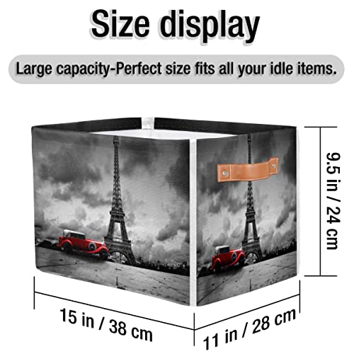 Large Collapsible Storage Bins ,Paris Eiffel Tower Car Decorative Canvas Fabric Storage Boxes Organizer with Handles,Rectangular Baskets Bin for Home Shelves Closet Nursery Gifts