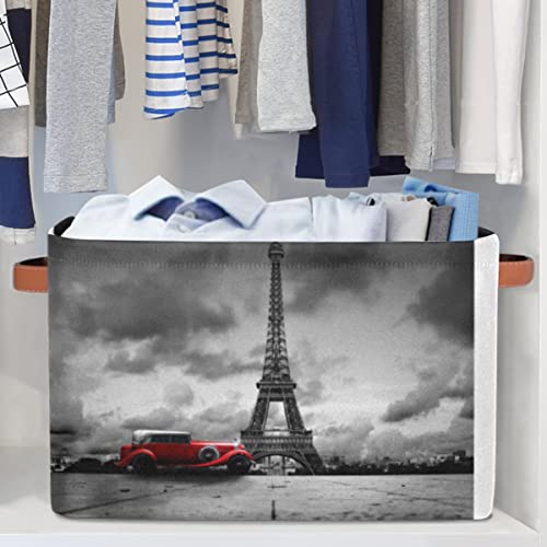 Large Collapsible Storage Bins ,Paris Eiffel Tower Car Decorative Canvas Fabric Storage Boxes Organizer with Handles,Rectangular Baskets Bin for Home Shelves Closet Nursery Gifts