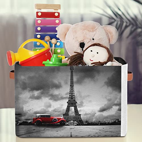 Large Collapsible Storage Bins ,Paris Eiffel Tower Car Decorative Canvas Fabric Storage Boxes Organizer with Handles,Rectangular Baskets Bin for Home Shelves Closet Nursery Gifts