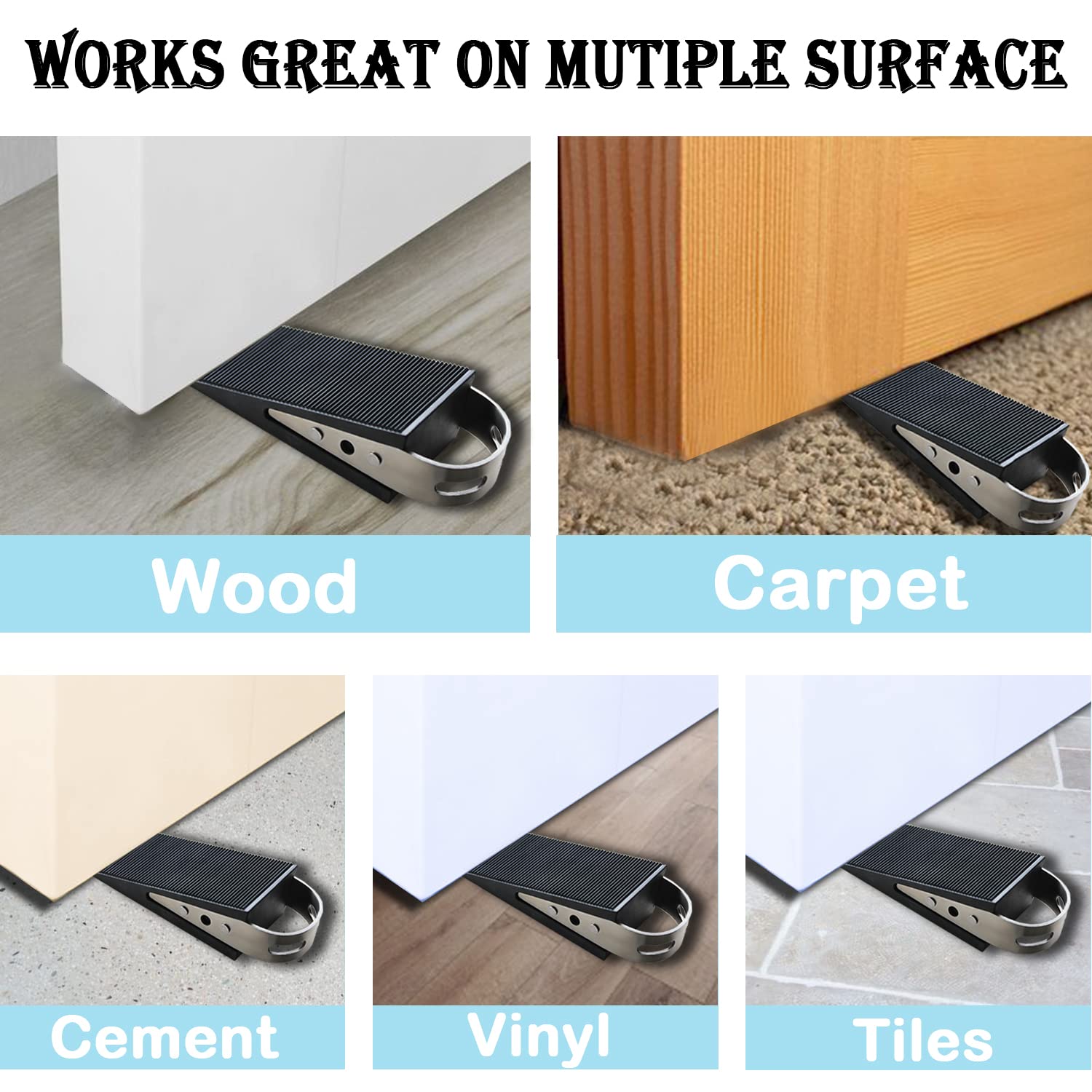 Shackcom Door Stopper, 2 Pack Black Heavy Duty Wedge That Holds Doors Firmly and Doesn’t Budge, Made of Rubber and Stainless Steel, Works on All Floor Surfaces, with Hanger which Easy to Storage