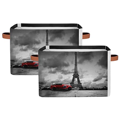 Large Collapsible Storage Bins ,Paris Eiffel Tower Car Decorative Canvas Fabric Storage Boxes Organizer with Handles,Rectangular Baskets Bin for Home Shelves Closet Nursery Gifts