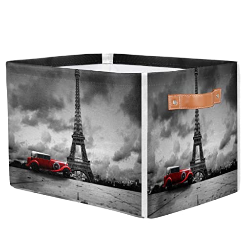 Large Collapsible Storage Bins ,Paris Eiffel Tower Car Decorative Canvas Fabric Storage Boxes Organizer with Handles,Rectangular Baskets Bin for Home Shelves Closet Nursery Gifts