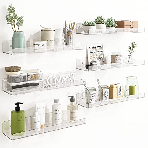 Fixwal Acrylic Shelves, 15 Inch Floating Wall Mounted Shelves, Clear Funko Pop Display Case, Invisible Bookshelf, Wall Decor for Kids and Bathroom Storage, Set of 6