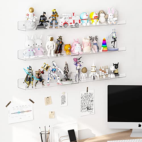 Fixwal Acrylic Shelves, 15 Inch Floating Wall Mounted Shelves, Clear Funko Pop Display Case, Invisible Bookshelf, Wall Decor for Kids and Bathroom Storage, Set of 6