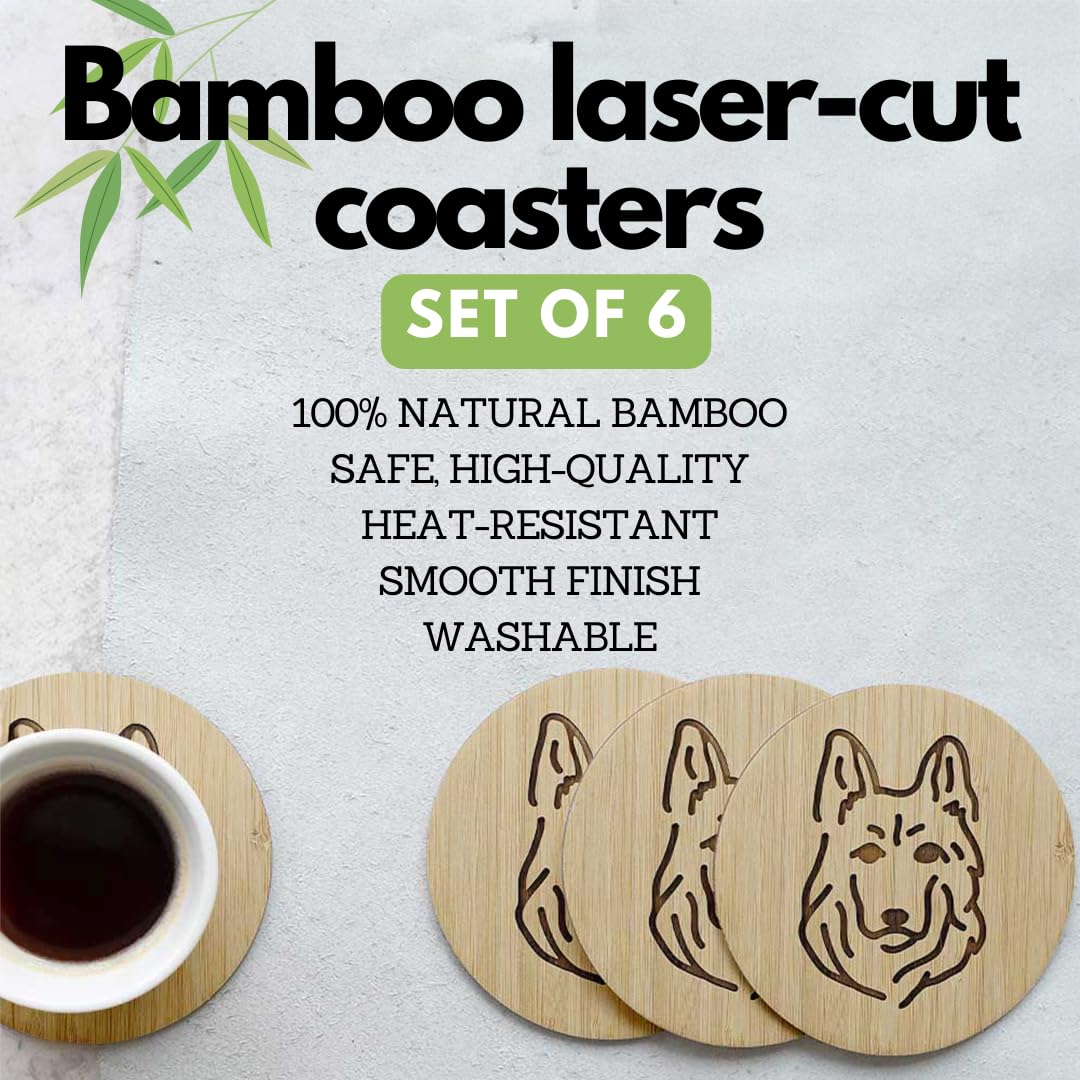 Set of 6 Bamboo Coasters with Holder - 3.9 Inch Fun Dog Coasters - Non-Stick Absorbent Engraved Laser-Cut - Durable, Washable (German Shepherd)