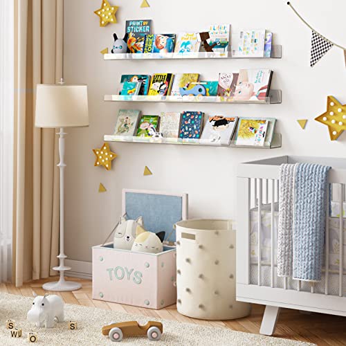 Fixwal Acrylic Shelves, 15 Inch Floating Wall Mounted Shelves, Clear Funko Pop Display Case, Invisible Bookshelf, Wall Decor for Kids and Bathroom Storage, Set of 6