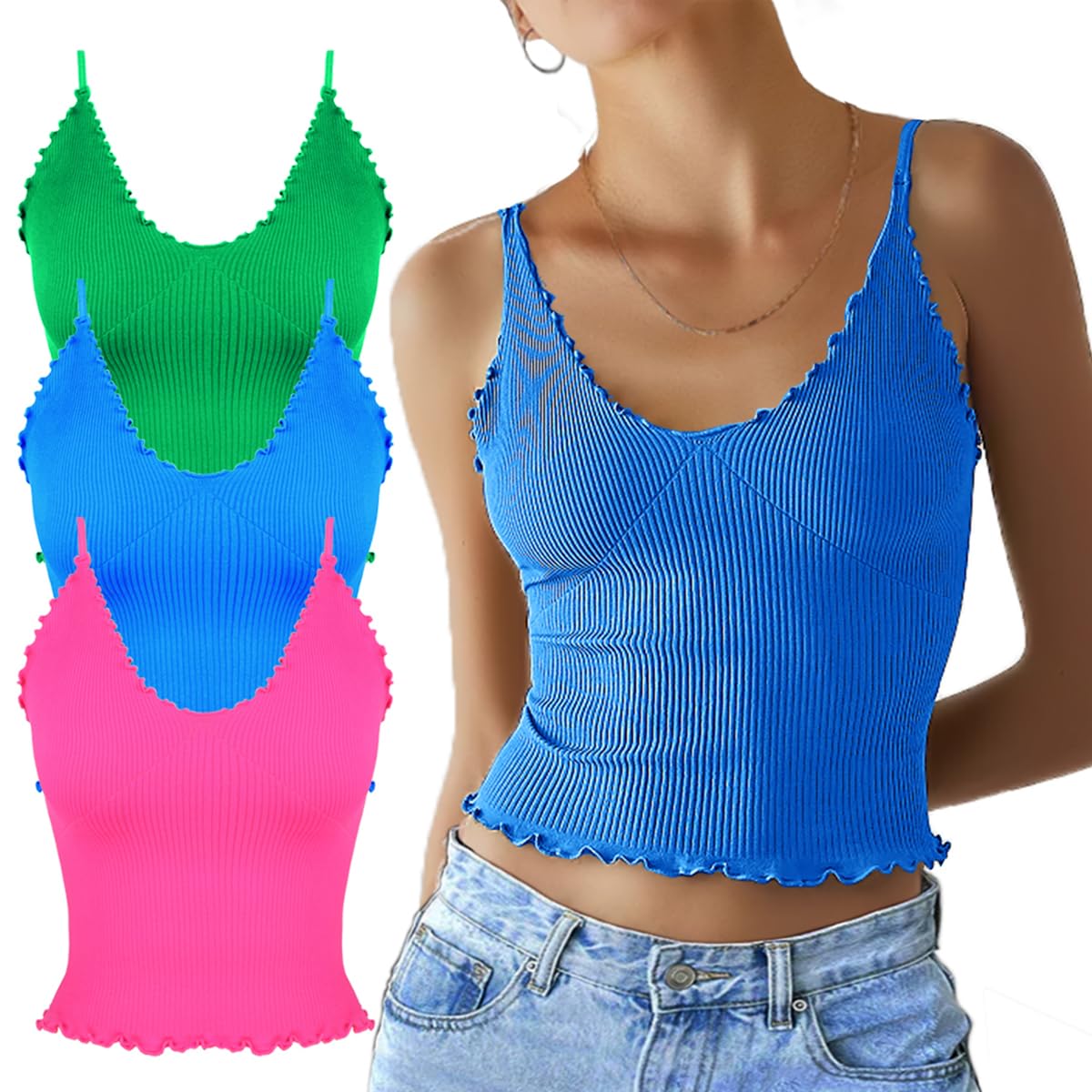 CHYRII Womens 3 Pack Ruffled V Neck Cropped Tops Workout Basic Ribbed Camisole Tank Tops Hot Pink + Green + Indigo Blue M