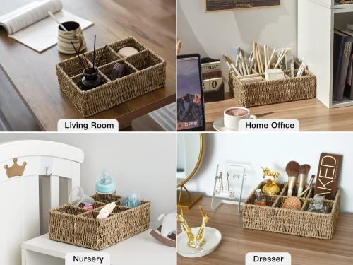 StorageWorks Tea Bag Organizers, Small Wicker Baskets with 6 Sections, Coffee and Tea Organizers for Coffee Bar, Shelves, Countertop, Seagrass Baskets for Organizing, 2Pack