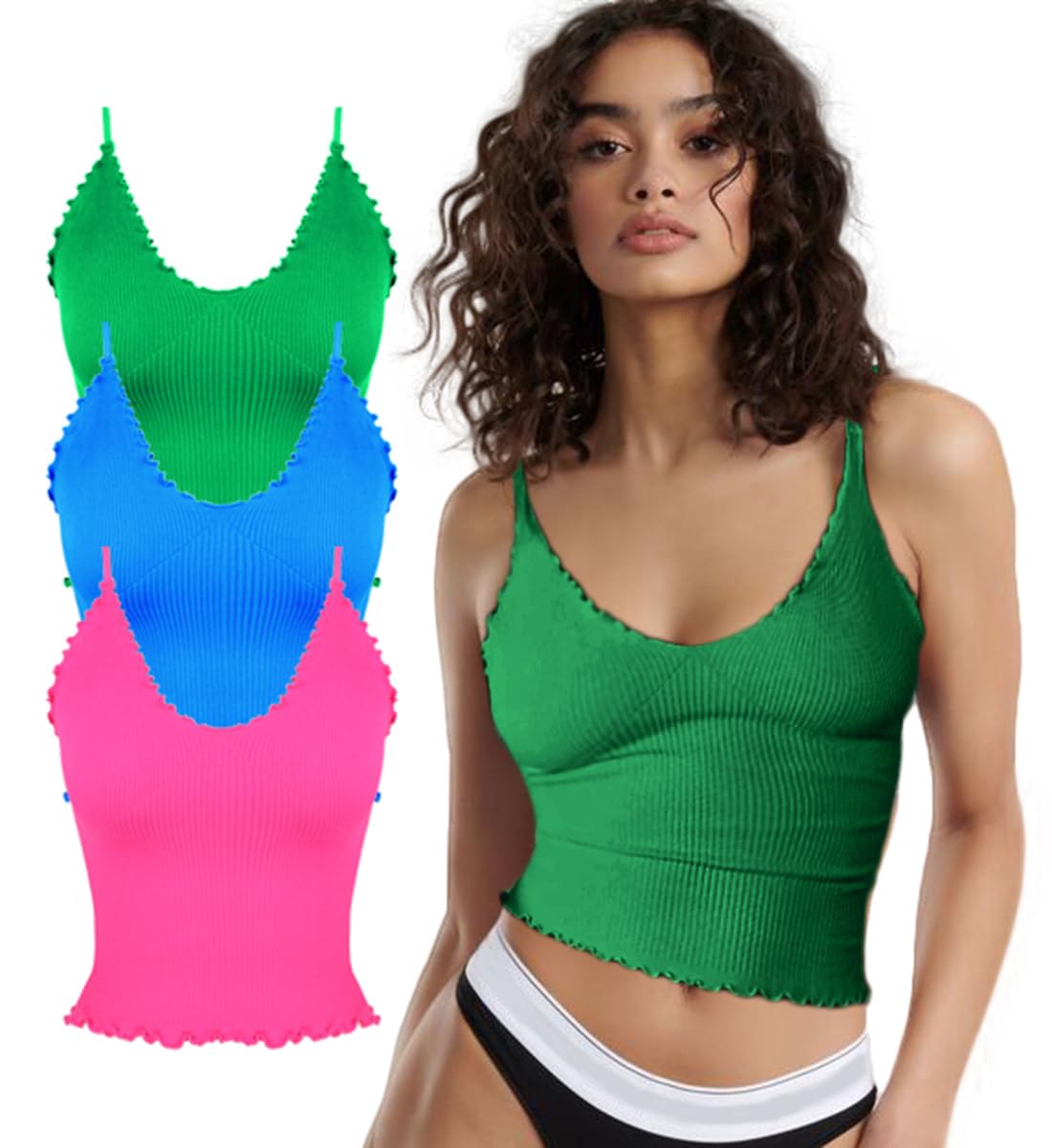 CHYRII Womens 3 Pack Ruffled V Neck Cropped Tops Workout Basic Ribbed Camisole Tank Tops Hot Pink + Green + Indigo Blue M