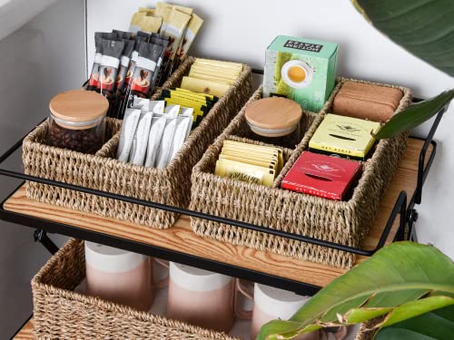StorageWorks Tea Bag Organizers, Small Wicker Baskets with 6 Sections, Coffee and Tea Organizers for Coffee Bar, Shelves, Countertop, Seagrass Baskets for Organizing, 2Pack