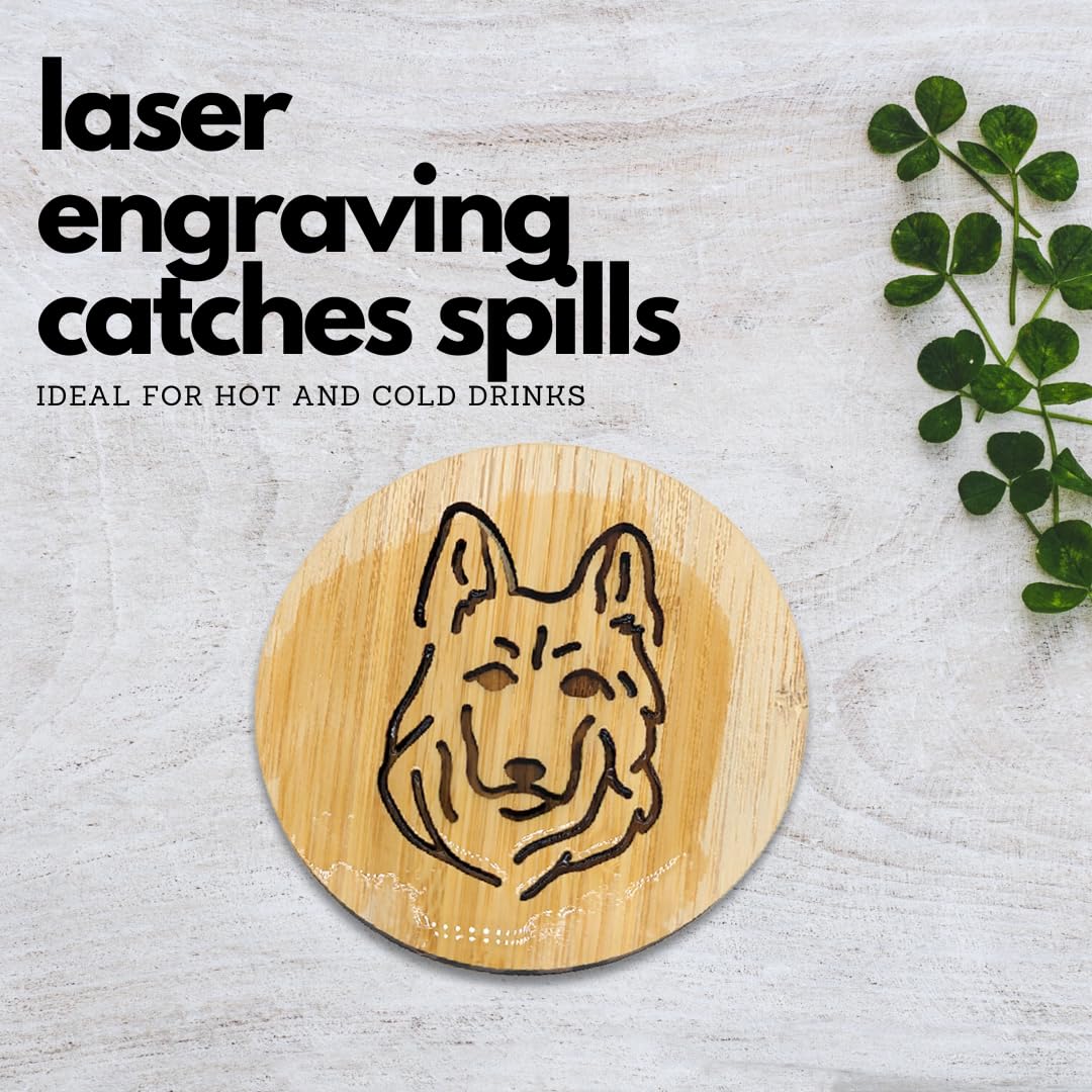 Set of 6 Bamboo Coasters with Holder - 3.9 Inch Fun Dog Coasters - Non-Stick Absorbent Engraved Laser-Cut - Durable, Washable (German Shepherd)