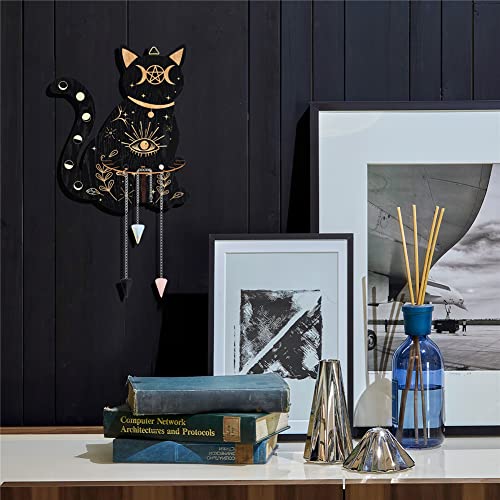 CRASPIRE Small Crystal Shelf Cat Black Crystal Display Shelf Magical Boho Wooden Witch Altar Wall Mounted Hanging Rustic Crystal Holder Stand with 3 Pieces Crystals Stones for Wall Decor