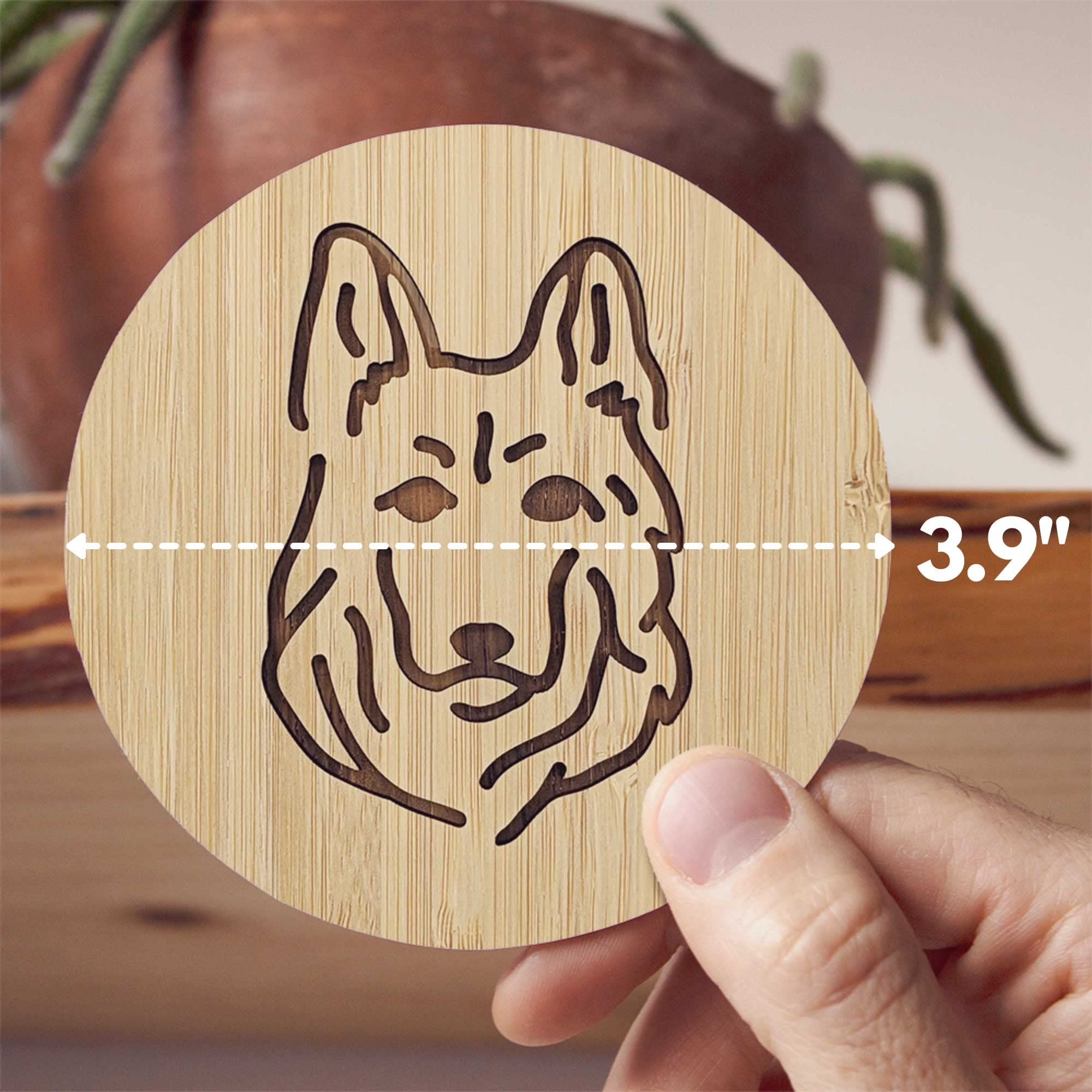 Set of 6 Bamboo Coasters with Holder - 3.9 Inch Fun Dog Coasters - Non-Stick Absorbent Engraved Laser-Cut - Durable, Washable (German Shepherd)