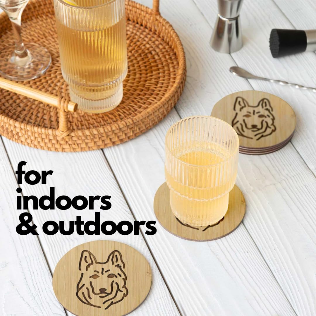 Set of 6 Bamboo Coasters with Holder - 3.9 Inch Fun Dog Coasters - Non-Stick Absorbent Engraved Laser-Cut - Durable, Washable (German Shepherd)