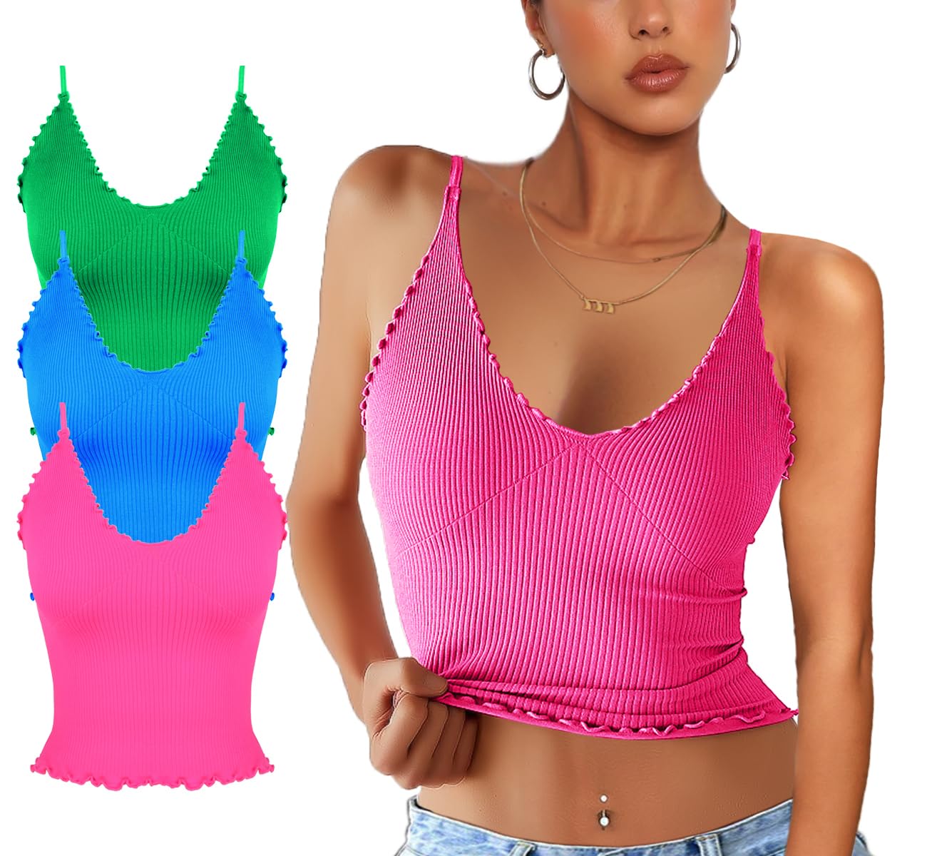 CHYRII Womens 3 Pack Ruffled V Neck Cropped Tops Workout Basic Ribbed Camisole Tank Tops Hot Pink + Green + Indigo Blue M
