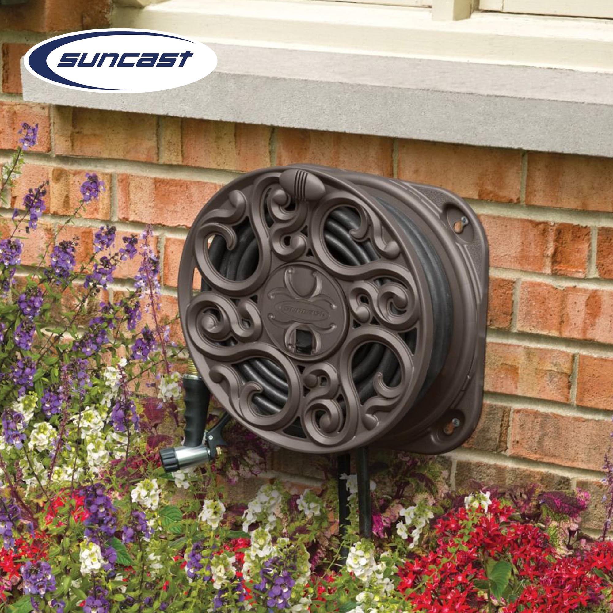 Suncast Sidewinder Side Scroll 60 Foot Hose Capacity Resin Decorative Wall Mount Hose Reel, Bronze (2 Pack)