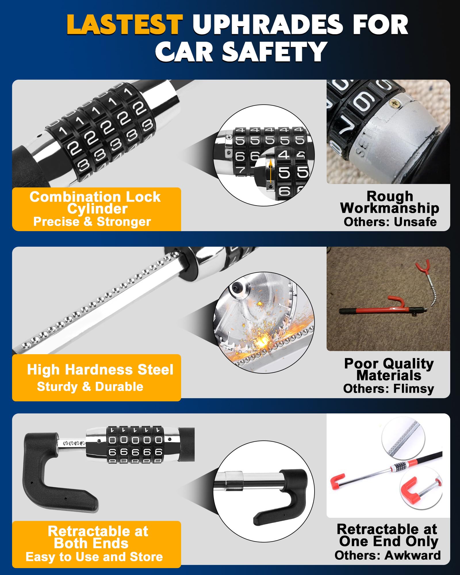 Tevlaphee Steering Wheel Lock Anti Theft Device Retractable Brake Pedal Lock Keyless Password 5 Coded Combination Anti Theft Car Security Device Heavy Duty Universal Fit for Vehicle Car Truck Van SUV