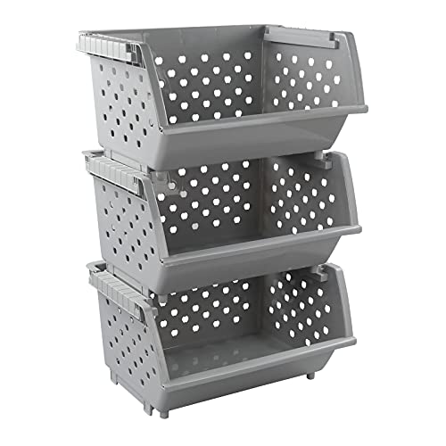 Easymanie 3 Pack Plastic Stackable Baskets, Open Front Stacking Storage Bins
