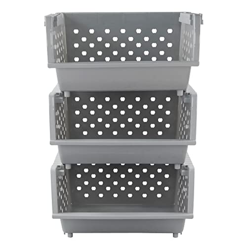 Easymanie 3 Pack Plastic Stackable Baskets, Open Front Stacking Storage Bins