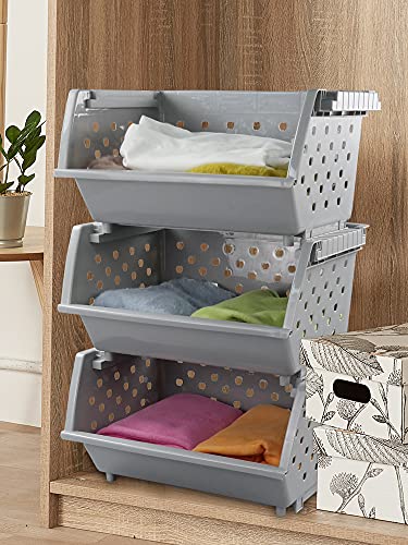 Easymanie 3 Pack Plastic Stackable Baskets, Open Front Stacking Storage Bins