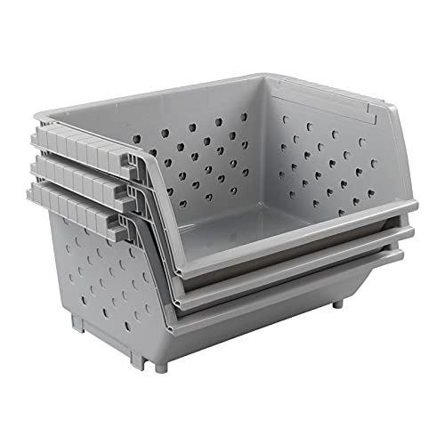 Easymanie 3 Pack Plastic Stackable Baskets, Open Front Stacking Storage Bins