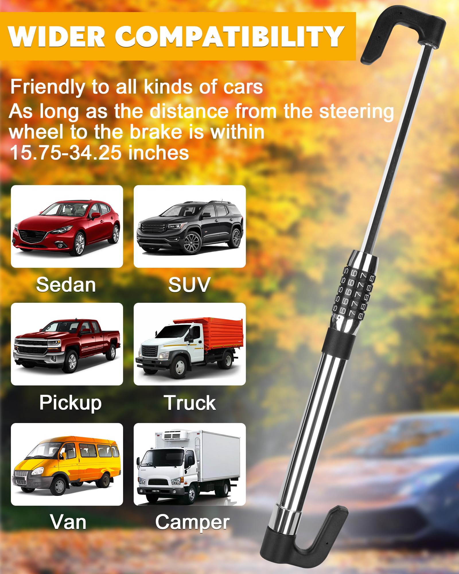 Tevlaphee Steering Wheel Lock Anti Theft Device Retractable Brake Pedal Lock Keyless Password 5 Coded Combination Anti Theft Car Security Device Heavy Duty Universal Fit for Vehicle Car Truck Van SUV