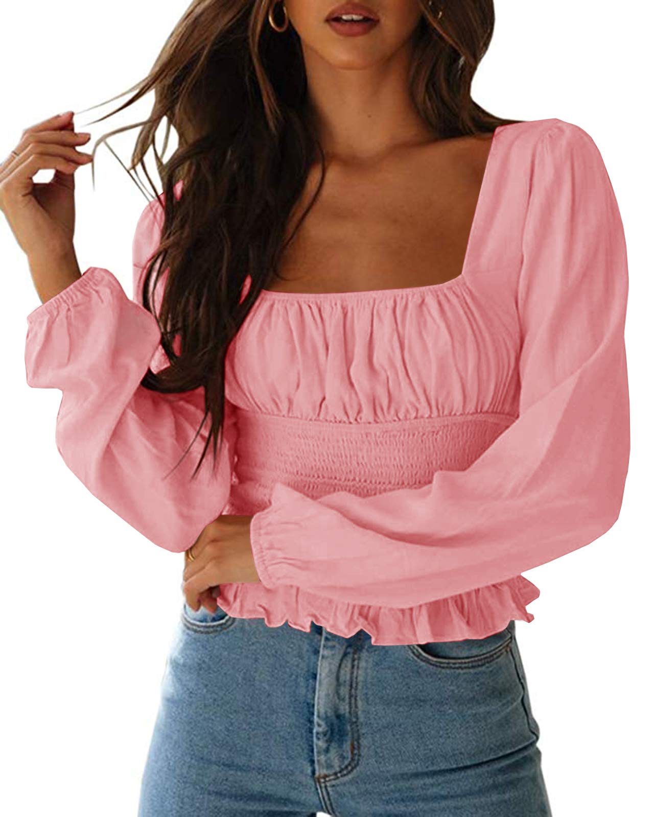 CNJFJ Women's Elegant Long Sleeve Square Neck Shirt Sexy Frill Smock Crop Top Blouses