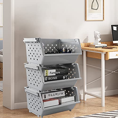 Easymanie 3 Pack Plastic Stackable Baskets, Open Front Stacking Storage Bins