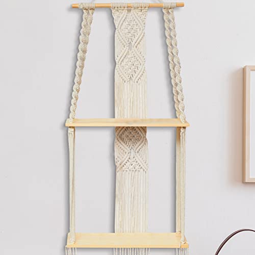 Macrame Wall Hanging Shelf, 2 Tier Boho Wall Shelves with Handmade Woven Rope, White Hanging Wall Shelf Bedroom Decor Wooden Hanging Storage Floating Shelves for Kitchen Living Room