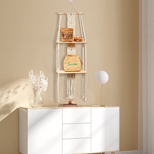 Macrame Wall Hanging Shelf, 2 Tier Boho Wall Shelves with Handmade Woven Rope, White Hanging Wall Shelf Bedroom Decor Wooden Hanging Storage Floating Shelves for Kitchen Living Room