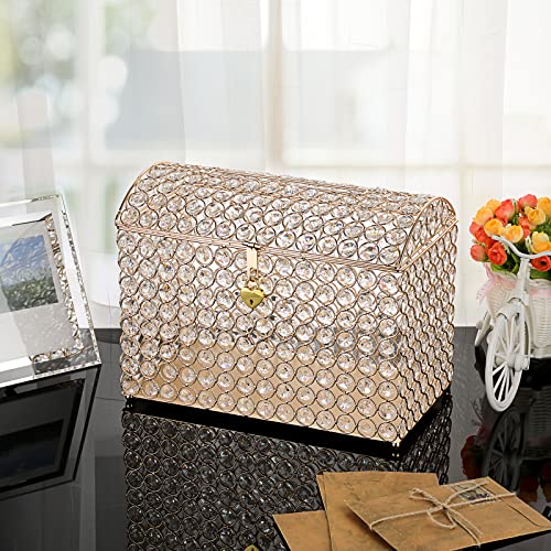 ELLDOO Crystal Wedding Card Box with Heart Lock, Money Card Box Treasure Chest Style Gold Gift for Wedding Receptions, Centerpiece Decor, Anniversary, Keepsake, Gift Display Box