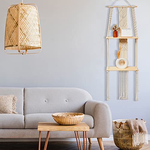 Macrame Wall Hanging Shelf, 2 Tier Boho Wall Shelves with Handmade Woven Rope, White Hanging Wall Shelf Bedroom Decor Wooden Hanging Storage Floating Shelves for Kitchen Living Room