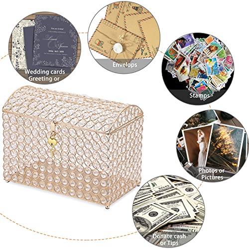 ELLDOO Crystal Wedding Card Box with Heart Lock, Money Card Box Treasure Chest Style Gold Gift for Wedding Receptions, Centerpiece Decor, Anniversary, Keepsake, Gift Display Box