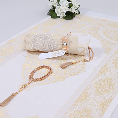 Islamic Elite Favors Personalized Muslim Lightweight Travel Prayer Rug Beads Set, Prayer Mat Tasbeeh Set, Ramadan Eid Hajj Umrah Wedding Birthday Graduation Mother's Day (Gold)