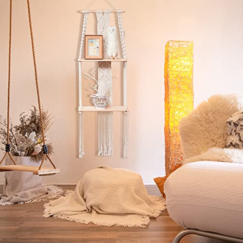 Macrame Wall Hanging Shelf, 2 Tier Boho Wall Shelves with Handmade Woven Rope, White Hanging Wall Shelf Bedroom Decor Wooden Hanging Storage Floating Shelves for Kitchen Living Room