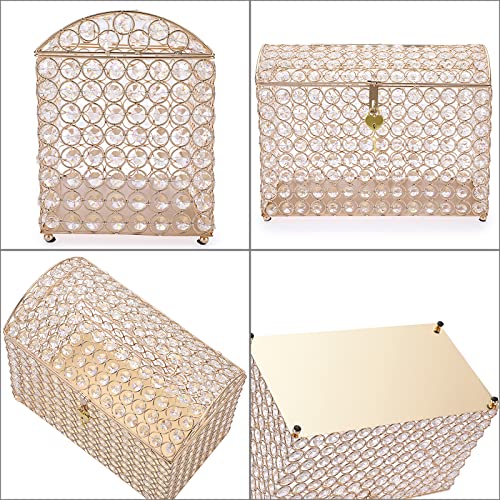 ELLDOO Crystal Wedding Card Box with Heart Lock, Money Card Box Treasure Chest Style Gold Gift for Wedding Receptions, Centerpiece Decor, Anniversary, Keepsake, Gift Display Box