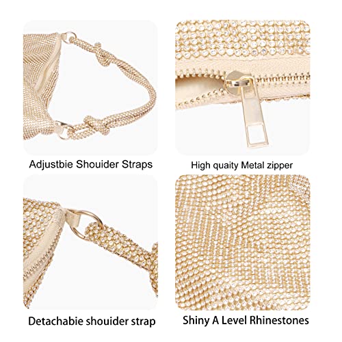Rhinestone Evening Bags for Womens, Chic Crystal Sparkly Evening Purse Handbag Hobo Bag (Golden)