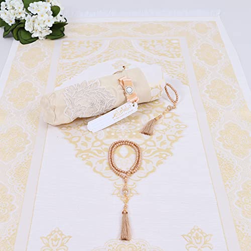 Islamic Elite Favors Personalized Muslim Lightweight Travel Prayer Rug Beads Set, Prayer Mat Tasbeeh Set, Ramadan Eid Hajj Umrah Wedding Birthday Graduation Mother's Day (Gold)
