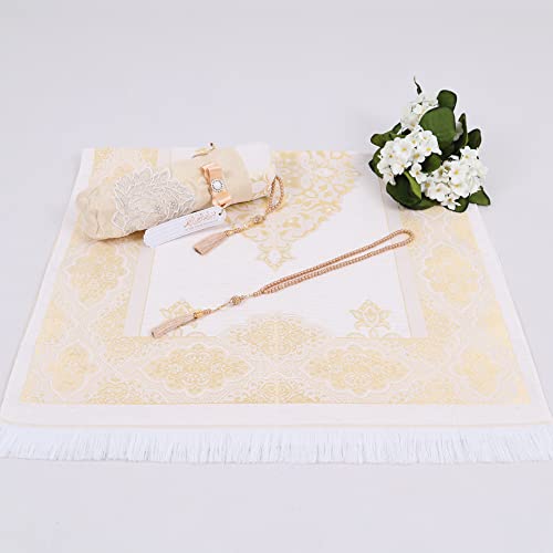 Islamic Elite Favors Personalized Muslim Lightweight Travel Prayer Rug Beads Set, Prayer Mat Tasbeeh Set, Ramadan Eid Hajj Umrah Wedding Birthday Graduation Mother's Day (Gold)